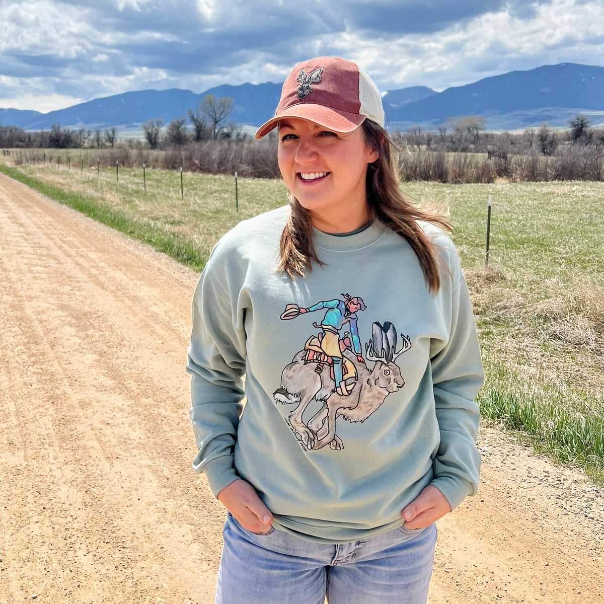 Jackalope and Rider in Color Crew Sweatshirt - Stonewashed Green | Roam ...